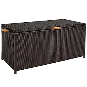 Sunnydaze Faux Wicker Outdoor Deck Storage Box with Acacia Wood Handles - 75-Gallon Patio Cushion Storage Bin with Hinged Lid - Organizer for Garage, Lawn, Pool, Porch and Garden - Brown