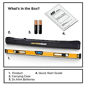 MOTORHEAD 48-Inch 0°-360° SMART DIGITAL Level, LCD Screen, Audible Alerts, Water, Dust & Shock Resistant, Magnetic Bottom, Includes Bag, High-Visibility, Solid-Milled Aluminum, USA-Based Support