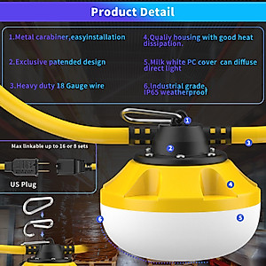 Guntsous 200FT LED Construction String Lights, 200W 22000LM,20 Sockets, Linkable Up to 16 Sets,Temporary Work Light for Job Site Workshop