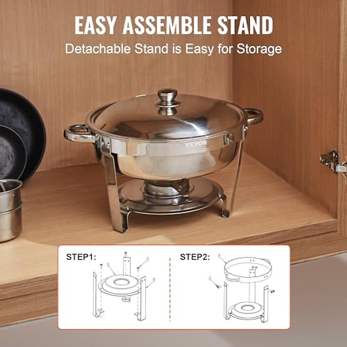 VEVOR Chafing Dish Buffet Set, 6 Qt 4 Pack, Stainless Steel Chafer with Full Size Pan, Round Catering Warmer Server with Lid Water Pan Stand Fuel Holder Cover Holder Spoon, for at Least 6 People Each