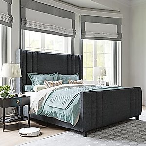 AMERLIFE Queen Size Bed Frame, Velvet Upholstered Platform with Vertical Channel Tufted Headboard & Footboard/Wingback, Mattress Foundation Wood Slats, No Box Spring Needed, Grey (BF-004)