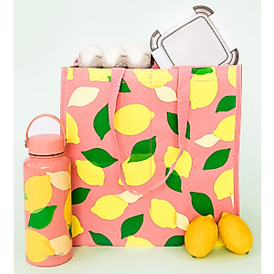 kate spade new york Pink Reusable Shopping Bag, Grocery Tote with Shoulder Straps, Large Collapsible Tote, Lemon Toss