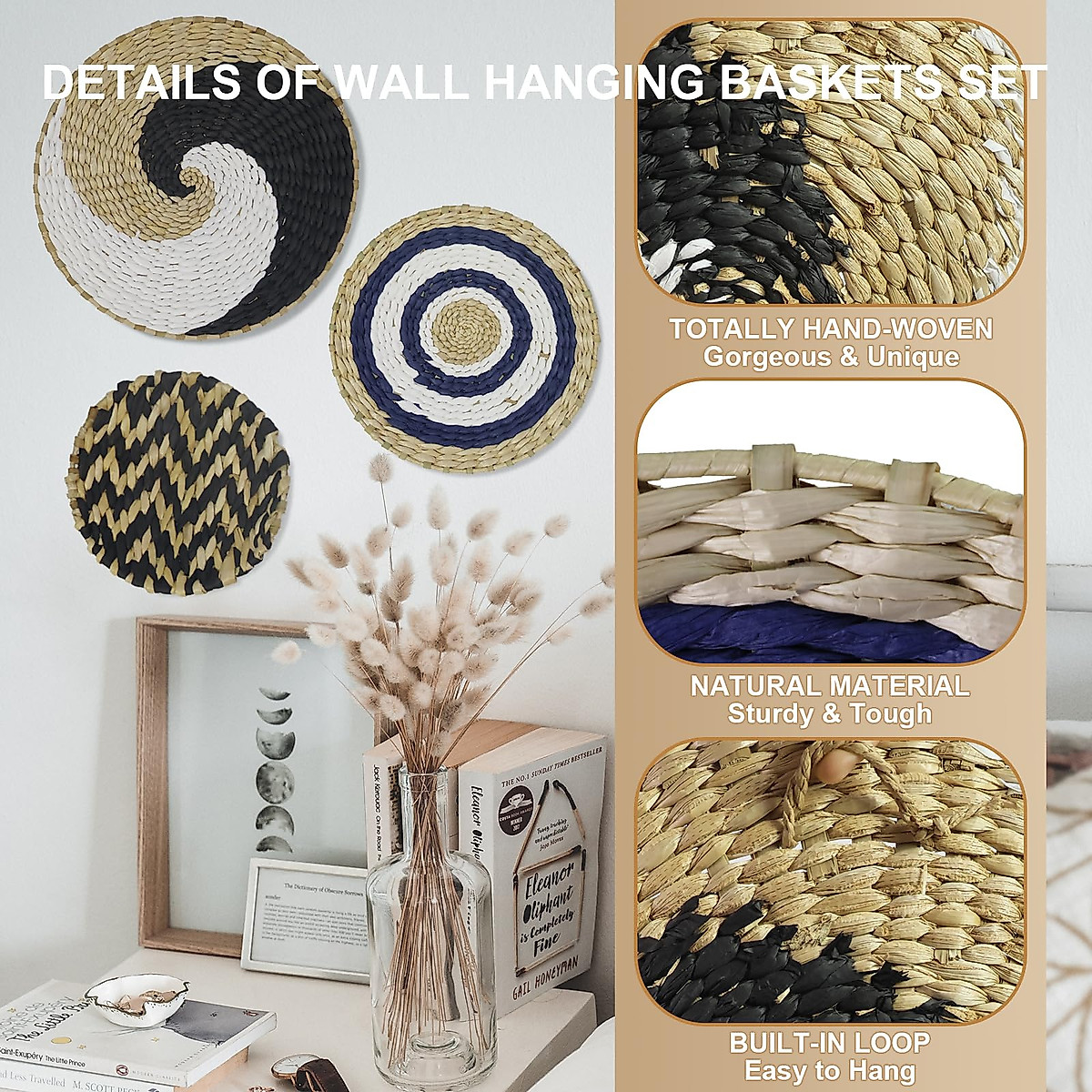 Woven Wall Basket Decor, Set of 3 Boho Hanging Baskets Wall Decor, Round Handmade Rustic Rattan Decorative Baskets, Handcrafted Wall Art Decor for Living Room, Bedroom, Dining Room, Farmhouse,etc.