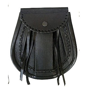 Scottish Kilt Black Leather Sporran of ROB ROY Jacobite with Lace Tassels & Chain Belt Medium