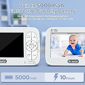 Dr.meter 5'' Split Screen Baby Monitor with 2 Cameras, 720p HD Video Baby Monitor with Camera and Audio, Baby Camera Monitor with Remote PTZ, 2-Way Talk, 4X Zoom, 5000mAh Battery, No WiFi