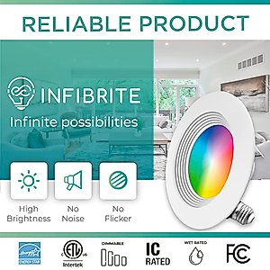 INFIBRITE 4 Inch Smart Recessed Light, Color Changing and Tunable White, WiFi Retrofit LED Downlight E26 Base, No Hub, Works with Alexa and Google, Dimmable, 810LM, CRI90, RGBCW, Wet Rated (12 Pack)