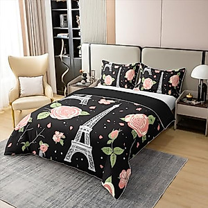Erosebridal 100% Natural Cotton Eiffel Tower Bedding Set for Adults Men Women,Pink Floral Duvet Cover,Paris Cityscape Printed Comforter Cover,French Building Quilt Cover,Bedroom Decor Queen Size
