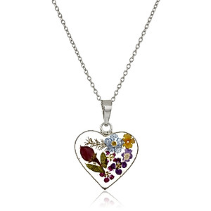 Amazon Essentials Sterling Silver Multi-Colored Pressed Flower Heart Pendant Necklace, 16" (previously Amazon Collection)