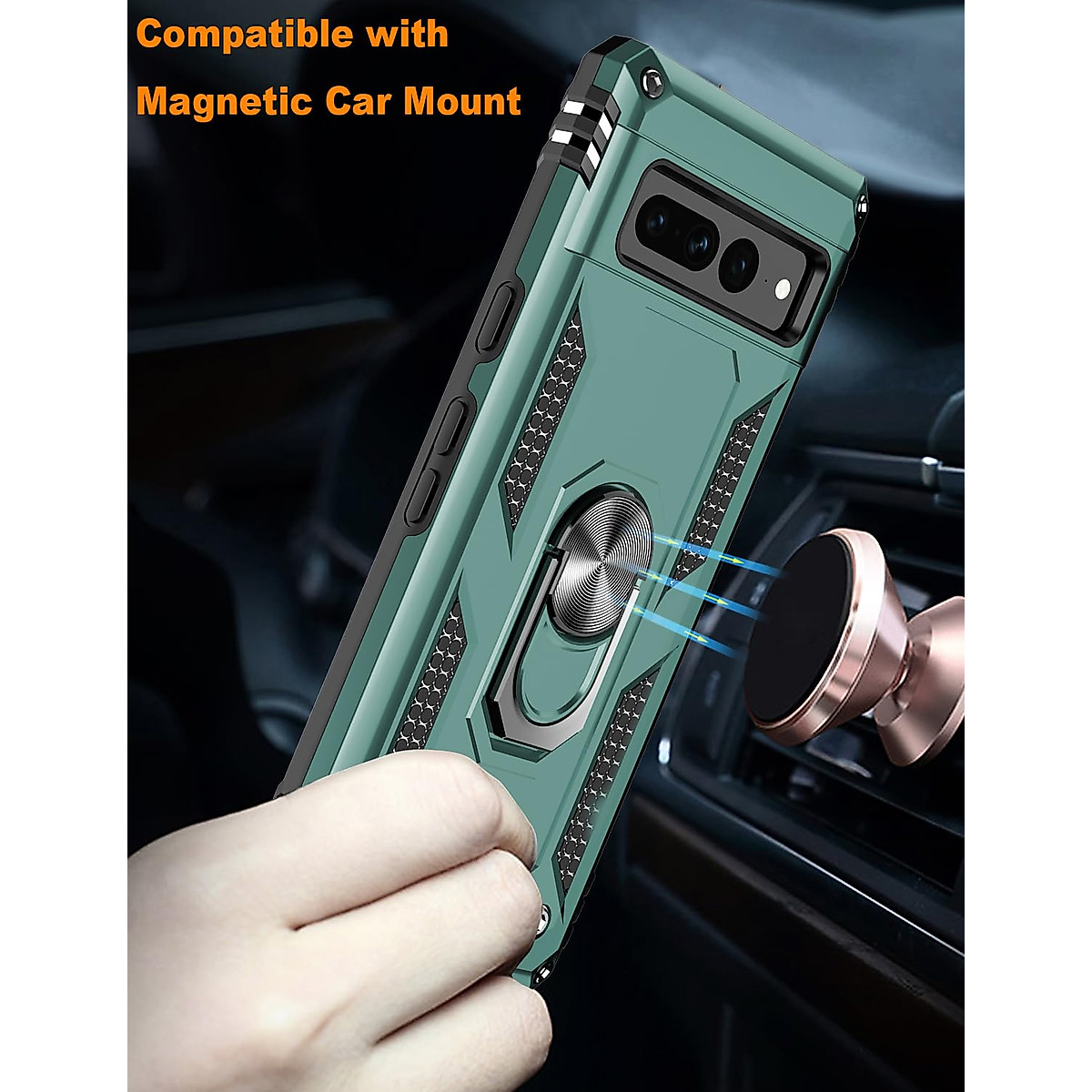 IKAZZ Suitable for Google Pixel 7 Pro Case,Military Grade Shockproof Heavy Duty Protective Phone Cover Pass 16ft Drop Test with Magnetic Kickstand Car Mount Holder Pine Green