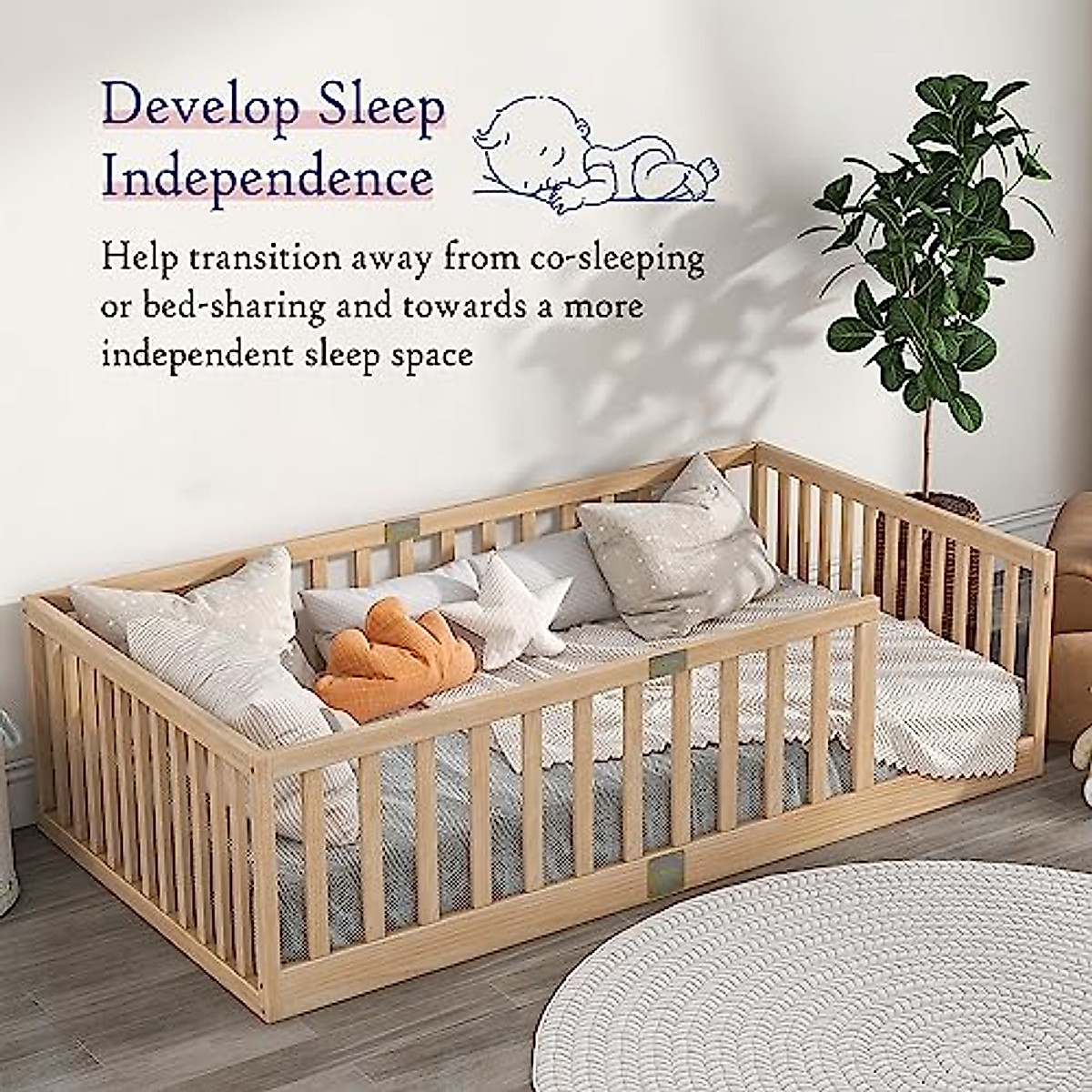 Tatub Twin Floor Bed with Safety Guardrails, Montessori Floor Bed for Kids, Wood Kids Floor Beds Frame, Entry Can Install Left and Right, Twin-Nature