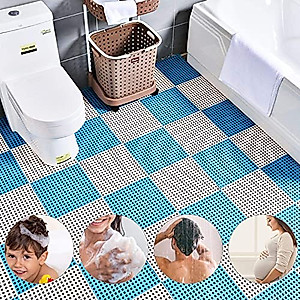 12 Pack 11.8" x 11.8" Interlocking Floor Tiles with Drain Holes Soft PVC Non Slip Shower Floor Mat Modular Interlocking Cushion Mat for Drain, Pool, Patio, Balcony, Kennel, Poultry, Floor Grid, Blue