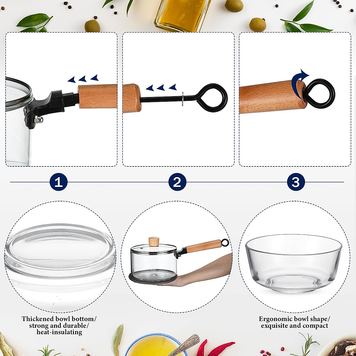 SiliFine Set of 4 Christmas Simmer Pots for Stove Including Glass Pot with Lid for Stove Top, Clear Bowl, Sponge Brush, Silicone Pad Glass Cookware for Cooking Noodle, Soup(60 oz,Long Handle)