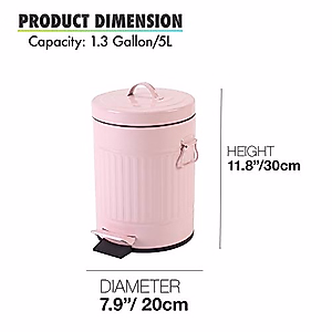 Bathroom Trash Can with Lid, Small Trash Can Wastebasket for Home Bedroom with Lid, Round Waste Bin Soft Close, Retro Vintage Garbage Metal Cans for Office, 5 Liter / 1.3 Gallon, Glossy Pink