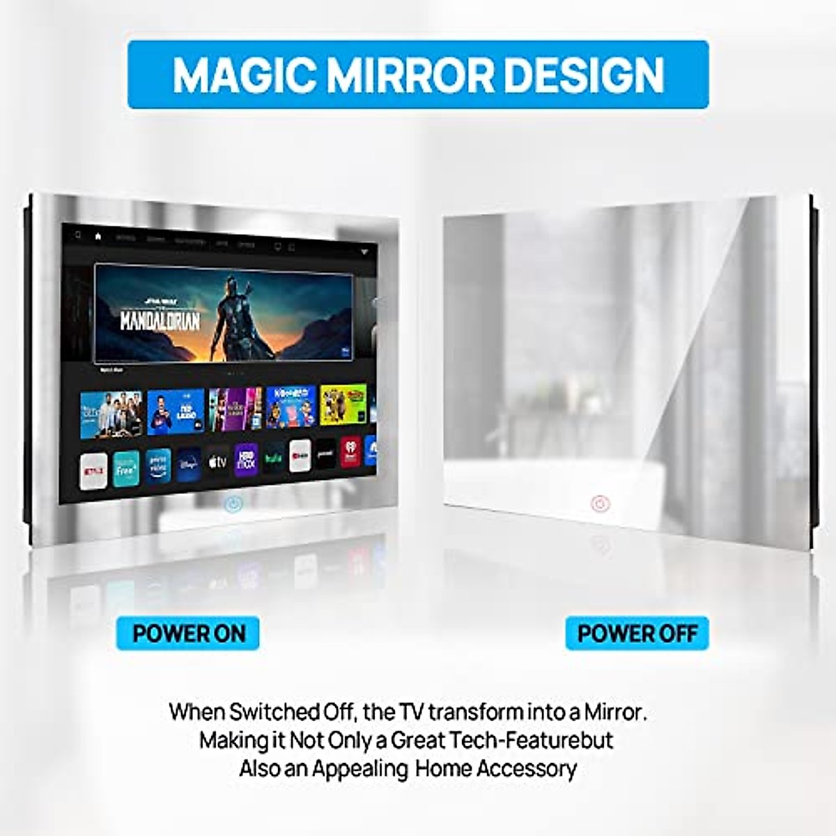 【H2 Chip Android 11.0 System & 500 cd/㎡ High-Brightness 2023 Model】Haocrown 21.5-Inch Touchscreen Bathroom TV IP66 Waterproof Smart Mirror TV 1080P LED TV Built-in ATSC Tuner Wi-Fi Bluetooth(8GB+64GB)