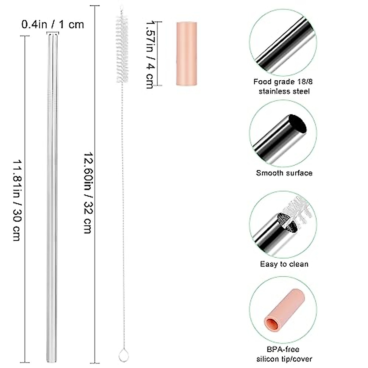 BOTTLAN 6PCS Stainless Steel Straw for Stanley Adventure Quencher Travel and H2.0 FlowState Tumbler Cup 40 oz 30 oz with Handle, 10mm/0.4'' Diameter Replacement Straws for Smoothie, Milkshakes