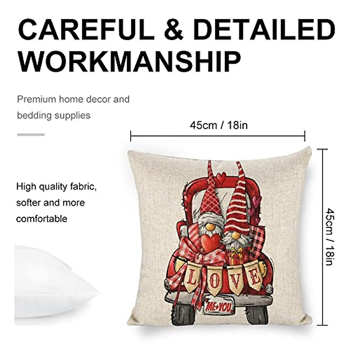 Love Gnomes Truck Throw Pillow Covers 18×18 Pillowcases Set of 2 Valentine's Day Cute Linen Decorative Square Pillow Case Cushion Covers Standard Size for Sofa Couch Outdoor Bed Pillow Protectors