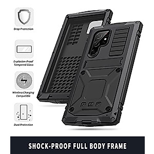 Simicoo Samsung S22 Ultra Metal Case with Screen Protector Camera Protector Military Rugged Heavy Duty Shockproof Case with Stand Full Cover Tough case for Samsung S22 Ultra (S22 Ultra, Black)