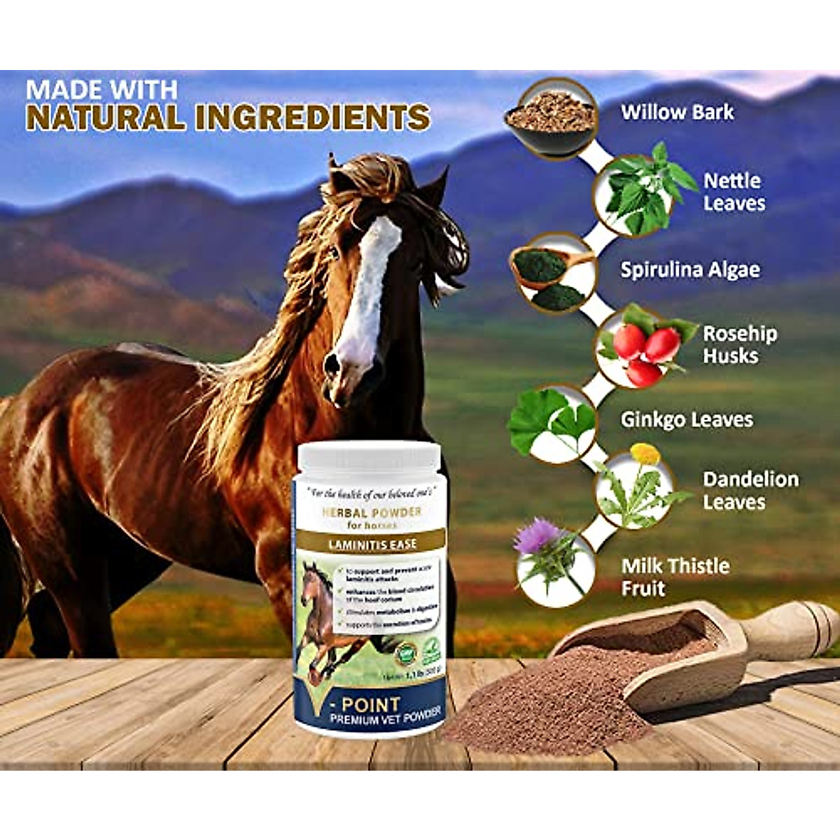 V-POINT - Laminitis Ease - Supports and Prevents Acute Laminitis Attacks, 100% Natural Herbal Powder for Horses (1.0 lb)
