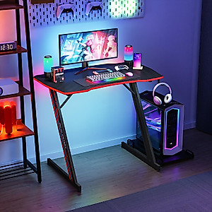 PayLessHere 35 Inch Modern Z-Shaped Gaming Desk Computer Desk for Home Office with Headphone Hook - Sturdy Workstation Table with Spacious Desktop,Red