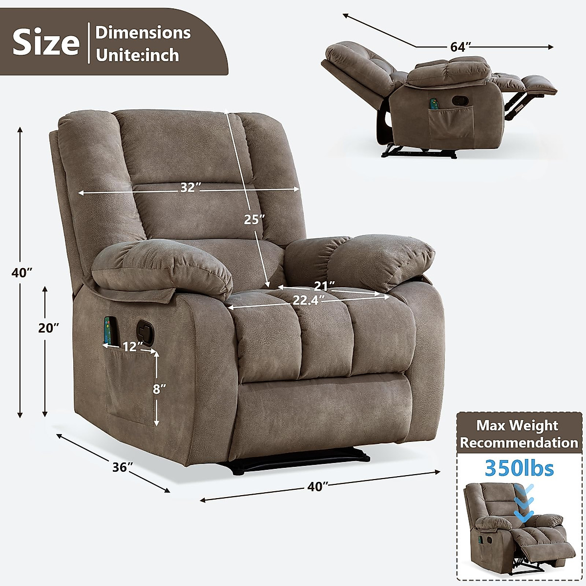 ANJHOME Overstuffed Massage Recliner Chairs with Heat and Vibration, Soft Fabric Single Manual Reclining Chair for Living Room Bedroom (Brown)