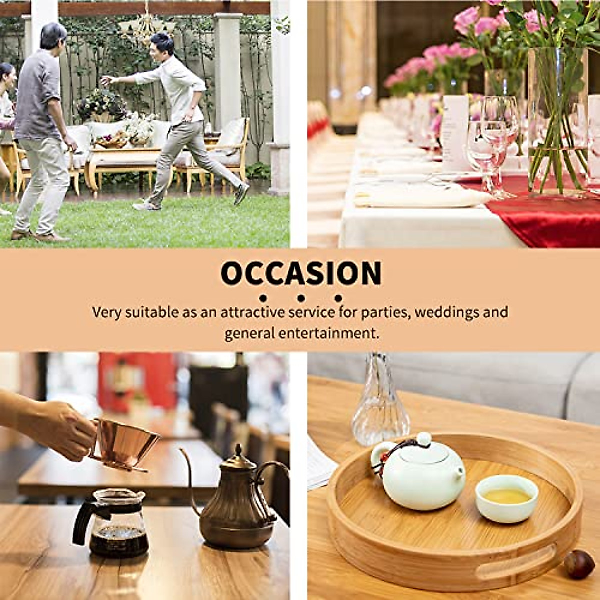 Bamboo Wood Round Tray w/Handles, Tea & Coffee Table Decorative Serving Tray Food Storage Platters for Serving Beverages & Food on Bar Living Room Home Dining Table (C - 35 cm/ 13.78 inch)