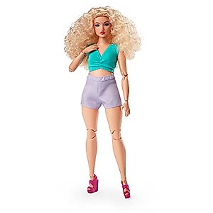 Barbie Looks Doll with Curly Blonde Hair Dressed in Ruched Crop Top & Satiny Lavender Shorts, Posable Made to Move Body For 6 years and older