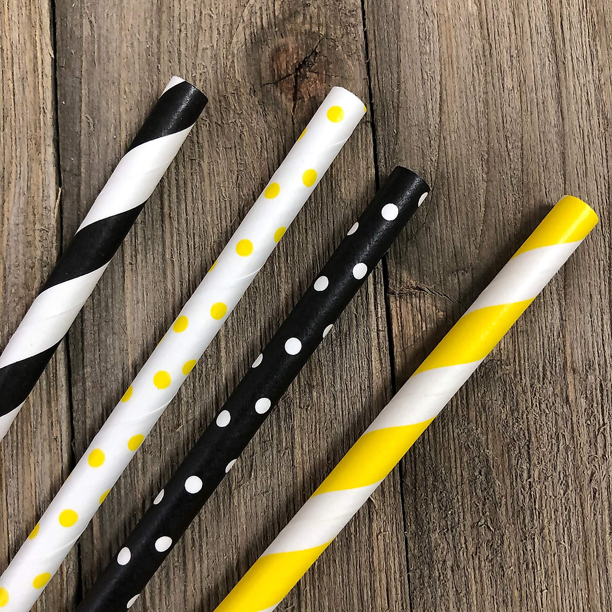 Outside the Box Papers Bee Theme Striped and Polka Dot Paper Straws 7.75 Inches 100 Pack Black, Yellow, White