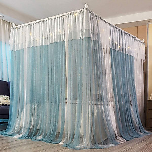 Joyreap Luxury 4 Corners Post Canopy Bed Curtains - Blue & White Cozy Drape Netting - Cute Princess Bedroom Decoration Accessories (59" W x 78" L, Full/Queen)