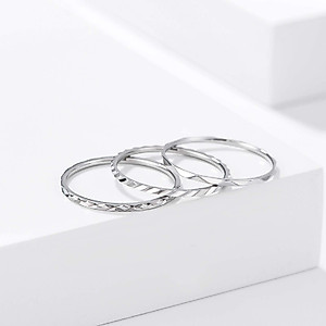 KAZITSAN 3pc 1mm Stainless Steel Ring Set for Women and Men Girls Simple Knuckle Stacking Thumb Rings Faceted Edge Silver Wedding Band Comfort Fit Size 10