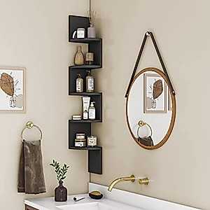 Bundled Black Floating Shelves of GREENDEW Wood Shelves Invisible Mounted (Set of 2) and Corner Wall Shelf 5-Tier for Living Room, Bedroom, Bathroom, Kitchen, Office Storage
