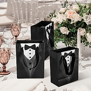 Sinmoe 24 Pieces 7 Inches Groomsmen Gift Bags Tuxedo Treat Bags Wedding Party Favor Black Tie Shirt Pattern Paper Present Bags for Wedding Father's Birthday Anniversary Goodies Treats