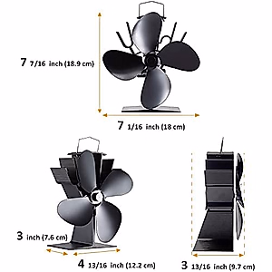 GALAFIRE 4-Blades Heat Powered Wood Stove Fan + Magnetic Thermometer, 122°F Start Non Electric Eco Fireplace Fan for Gas/Pellet/Log/Wood Burning Stoves, Silent Operation, 2-Years, N429, Black