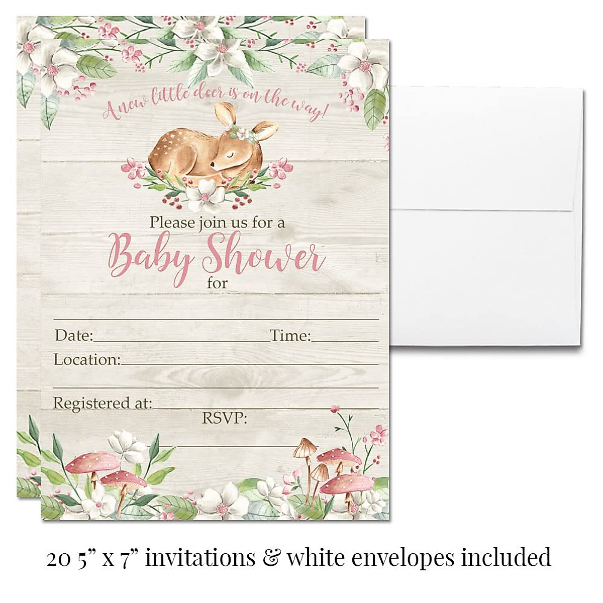 Amanda Creation Little Deer Woodland Girl Baby Shower Party Bundle Includes 20 each of Invitations with Envelopes + 4 Different Sizes of Decorative Stickers, Diaper Tickets & Bring a Book Cards