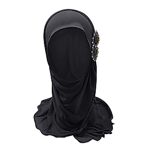 Kids Girls Lovely Muslim Hijab with Flowers Anti-UV Sun Protection Breathable One Piece Islamic Head Scarf Shawls Arabian Turban for 2-6 Years Black