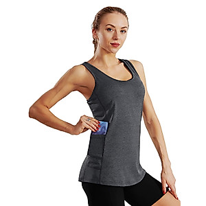 NELEUS Women's Running Tank Tops 3 Pack Racerback Workout Yoga Shirts with Pockets,8069,Black/Grey/White,L