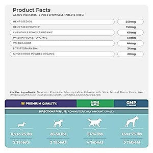 Calming Chews for Dogs - 120 Chewable Tablets - with Hemp, Chamomile, and L-Tryptophan for Anxiety Relief, Separation Stress, Noise, Thunder and Barking