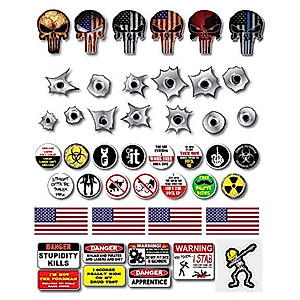 46 Pieces XXL Set Hard Hat Stickers Funny, Skulls, Bullet Holes, American Flag, Welder Decals, USA Hardhat Stickers