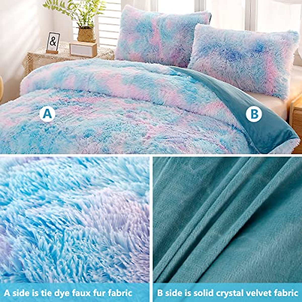 SUCSES Tie Dye Plush Shaggy Duvet Cover Set Full Size Rainbow Faux Fur Bedding Set for Teens Girls Soft Velvet Fluffy Fuzzy Comforter Cover Bed Set (Blue Purple Ombre, Full)