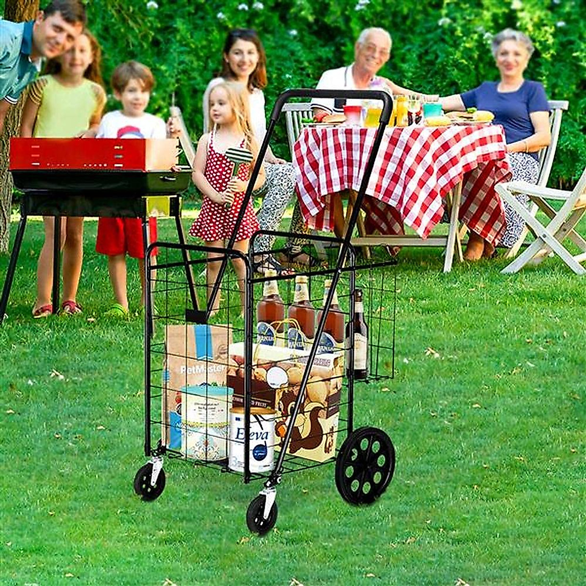 XYYSSM Iron 1200mm Telescopic Armrest 0.8mm No. 16 Round Tube 50kg Black Foldable Shopping Cart, Shopping Cart with Dual Swivel Wheels for Groceries - Compact Folding Portable Cart Saves Space