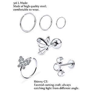 Oufksiyy tragus piercing jewelry 16G surgical steel tragus earrings for women cartilage earring Stud s Hoop butterfly cz Rook Piercing Jewelry For mens earrings Silver