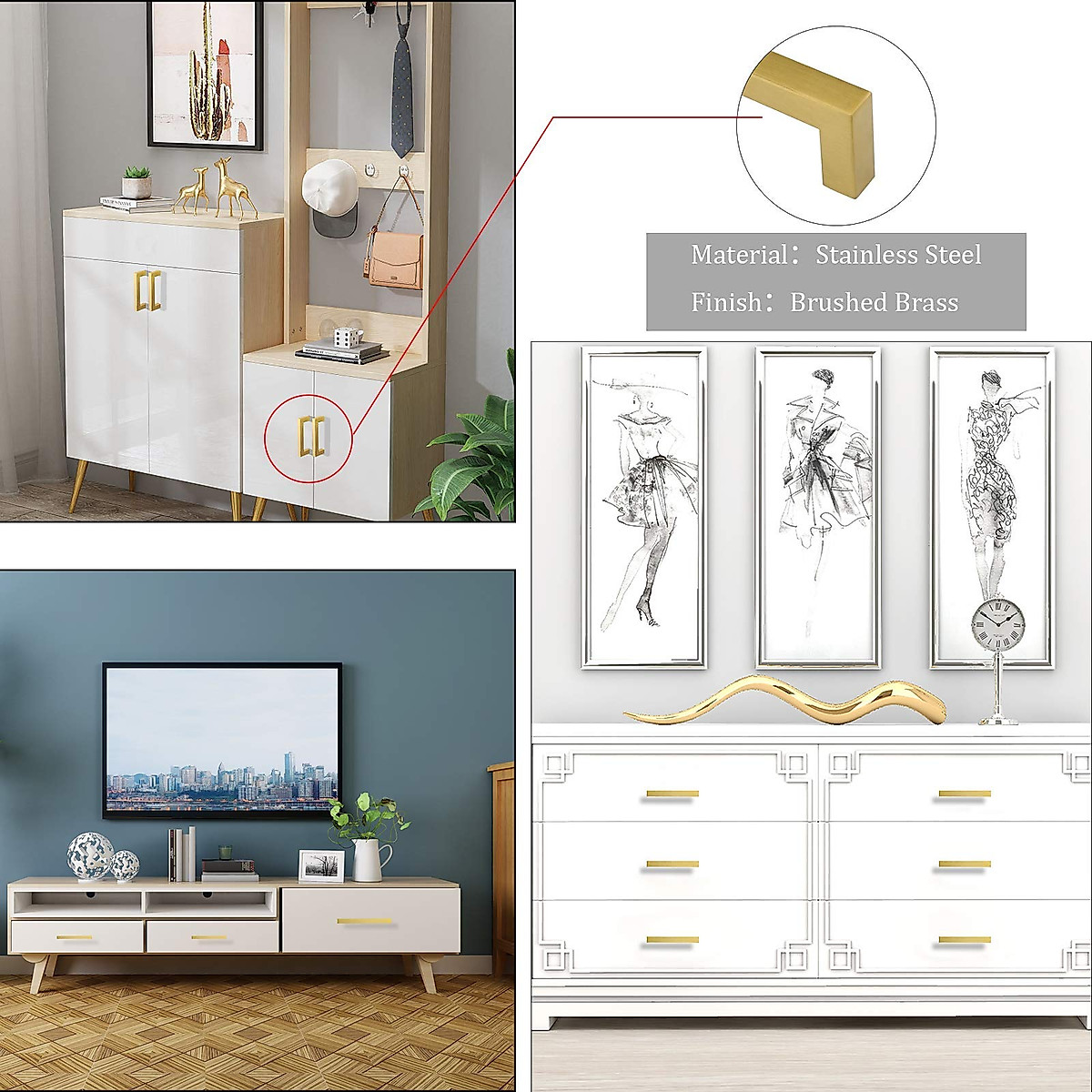 goldenwarm 5 Pack Gold Cabinet Pulls Brushed Brass Drawer Pulls - J12GD320 Gold Kitchen Cabinet Handles Square Bar Pulls Antique Brass Bathroom Cabinet Hardware 12-3/5 Inches Hole Spacing