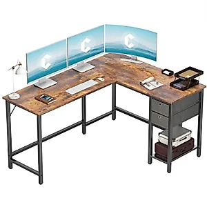 Cubiker L-Shaped Computer Desk, Gaming Corner Desk with Non-Woven Drawer, Home Office Sturdy Writing Table, Space-Saving, Easy to Assemble
