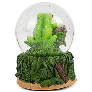Elanze Designs Playful Green Tree Frog Tabletop Figurine Forest Hopping Log Leaves 100MM Sturdy Glitter Water Wind Up Musical Snow Globe Plays Tune Beautiful Dreamer
