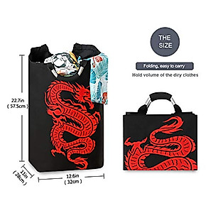 YYZZH Red Chinese Dragon On Black Large Laundry Bag Basket Shopping Bag Collapsible Polyester Laundry Hamper Foldable Clothes Bag Folding Washing Bin