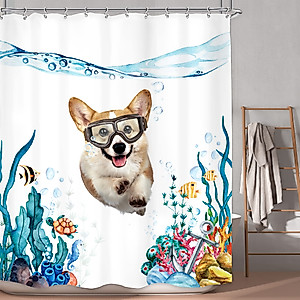 LGhtyro Funny Dog Shower Curtain Bathroom Set 60Wx71H Inches Hilarious Swimming Dog Blue Sea Ocean Bath Accessories Nautical Cute Lovely Corgi Fish Turtle Animal Art Home Decor Fabric 12 Pack Hooks