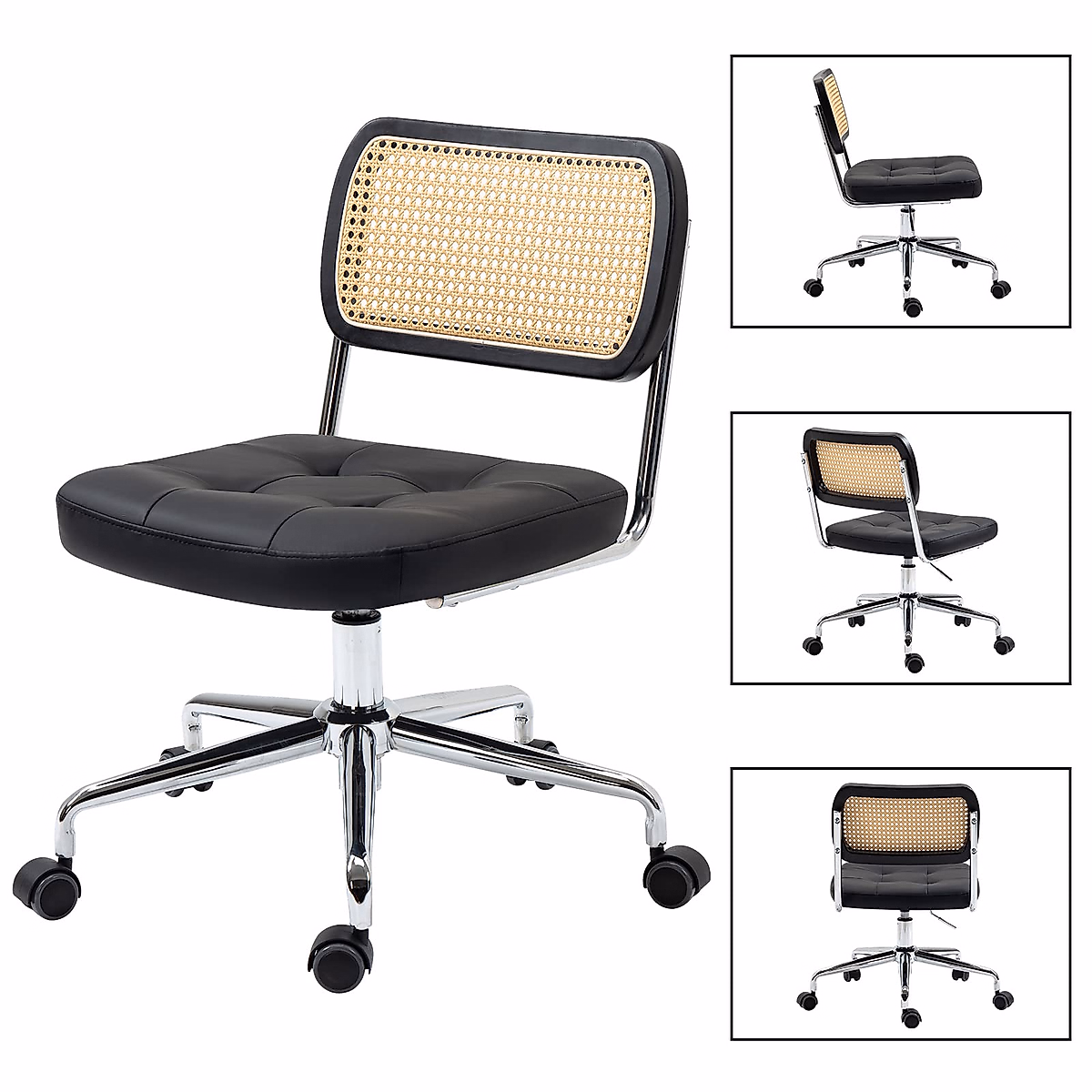 Newnno Mid Century Modern Home Office Chair with Wheels, Armless Leather Desk Chair Rattan Chair, Upholstered Adjustable Height Task Chair Swivel Computer Chair, Black