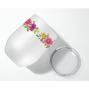 Caroline's Treasures CK4191TBL12 Weimaraner Pink Flowers Stainless Steel 12 oz Stemless Wine Glass Insulated Wine Tumbler with Lid, Cute Travel Cup for Coffee, Cocktails, Gift Women, Mother