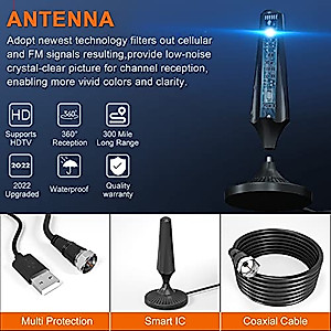 Digital HDTV Antenna Long Range 300 Miles Indoor Amplified Signal Booster Support 4K 1080P UHF VHF FM Local Channels with 13.4ft Coax Cable and USB Power Adapter