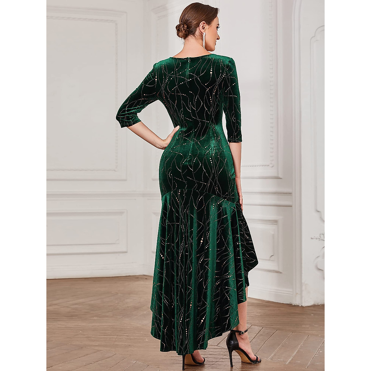 Ever-Pretty Women's Velvet 3/4 Sleeve High-Low Mermaid Plus Size Gorgeous Evening Dress Green US16