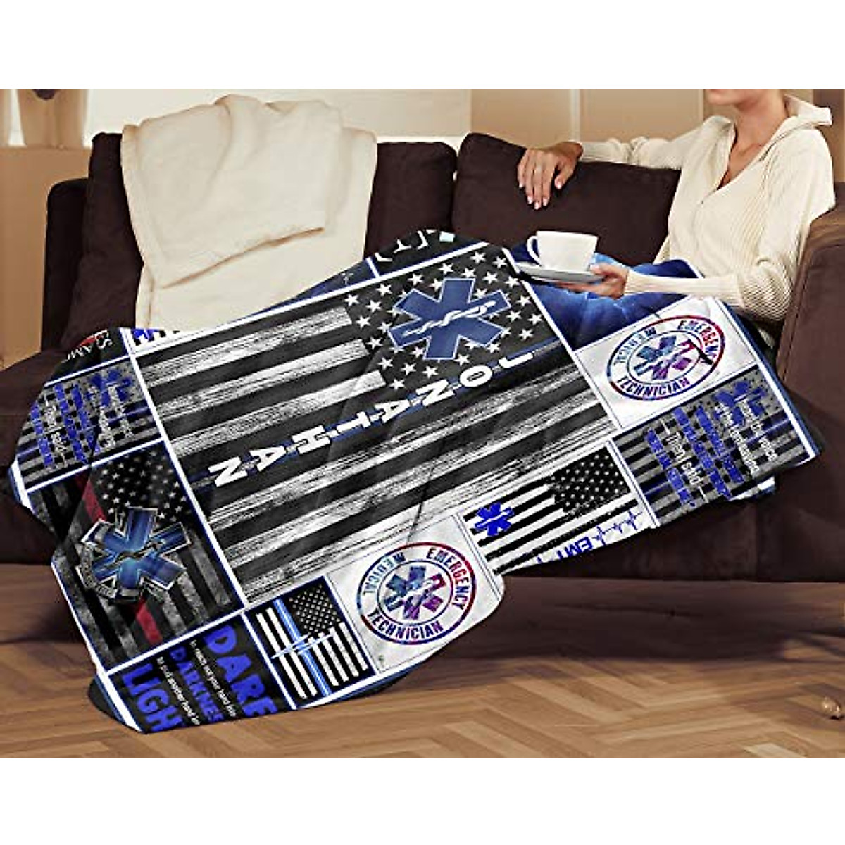VTH GLOBAL Personalized Custom Name EMS EMT Paramedic Star of Life Thin White Line American Flag Appreciation Birthday Christmas Fleece Sherpa Blanket Bed Throw Size Tapestry Wall Hanging